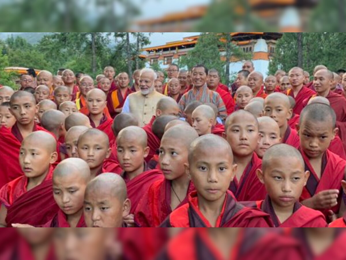 PM Modi meets monks at Simtokha Dzong in Bhutan