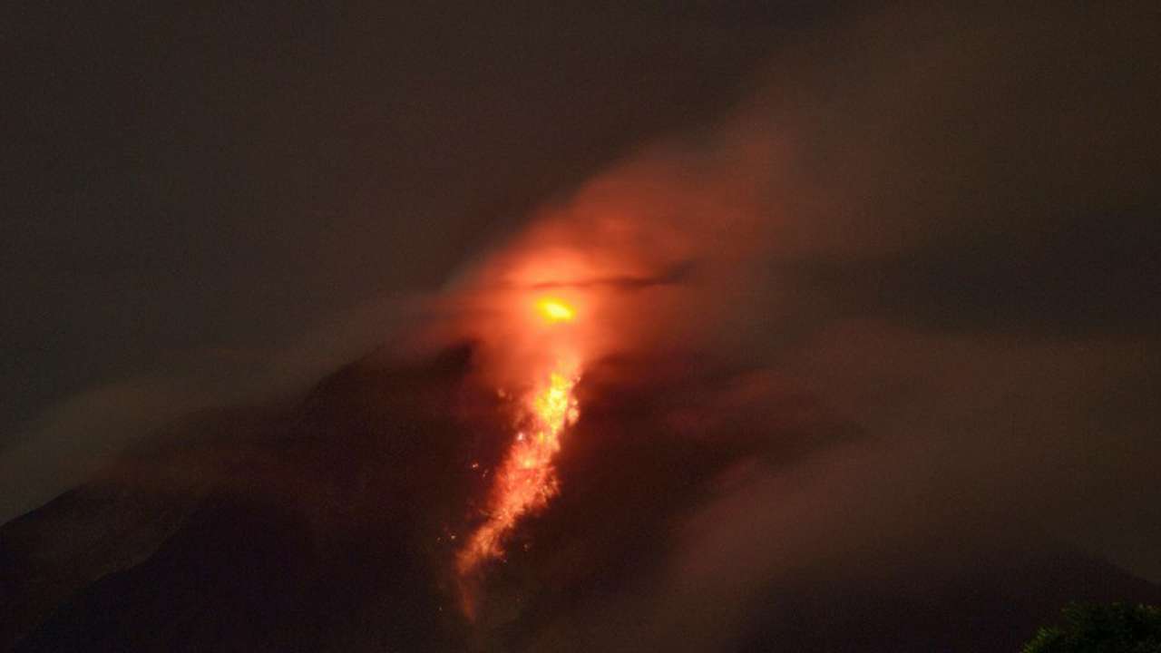 Hot lava running down from Sinabung volcano
