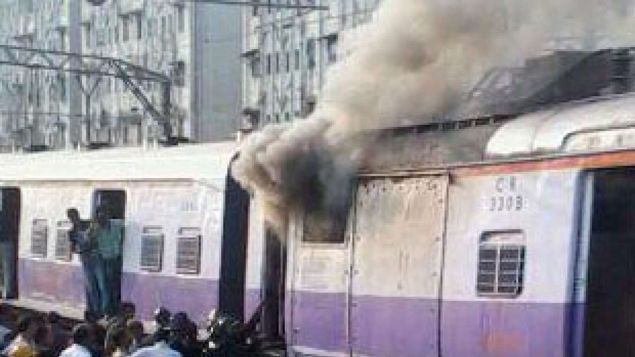 Watch footage of train catch fire in a yard in Thane