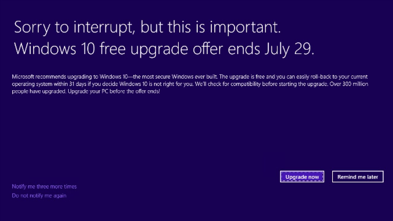Microsoft to show full screen ads all of July, recommending Windows 10