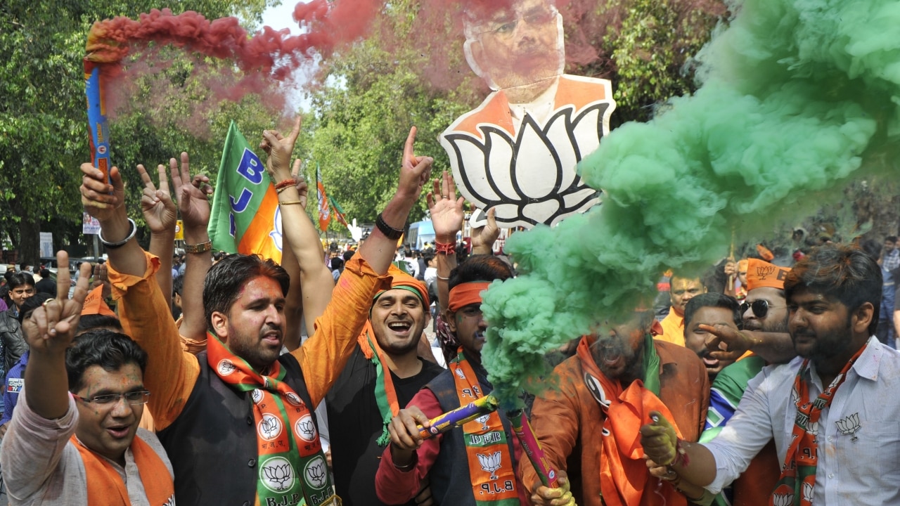 In Pictures | BJP workers paint the sky with the colours of victory for ...
