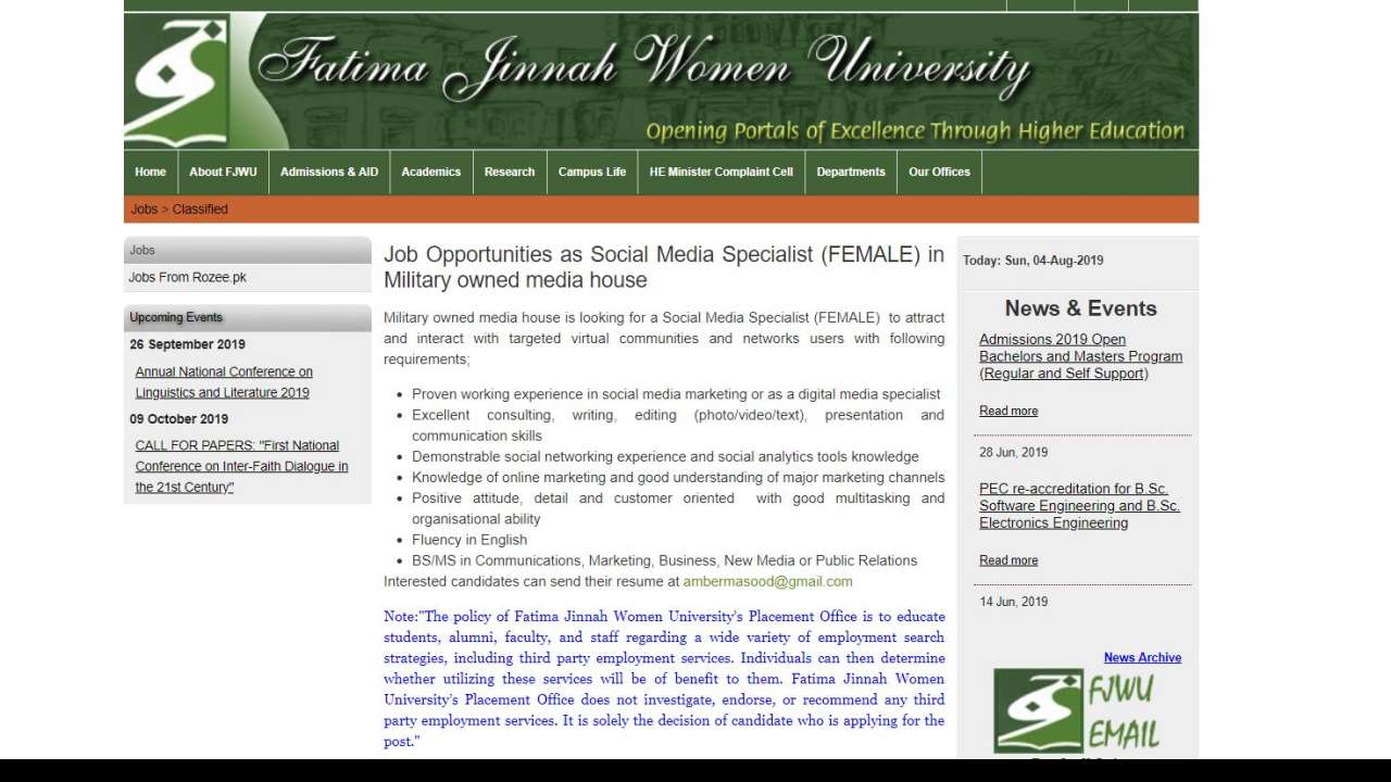 Did this prestigious Pak women’s university just put a job placement ...