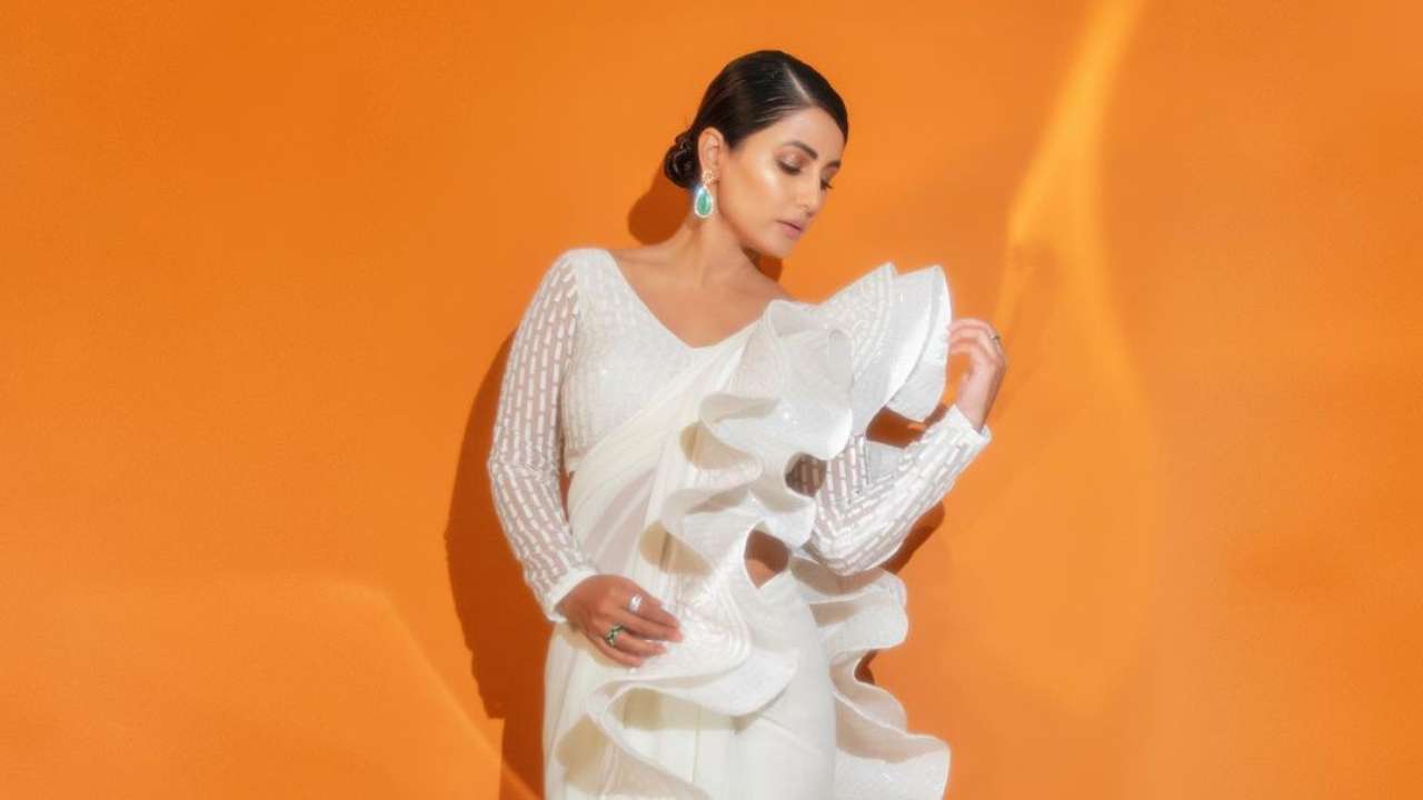 Hina Khan looks stunning in white ruffled saree, drops photos on Instagram