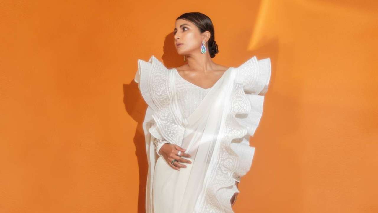 Hina Khan looks stunning in white ruffled saree, drops photos on Instagram