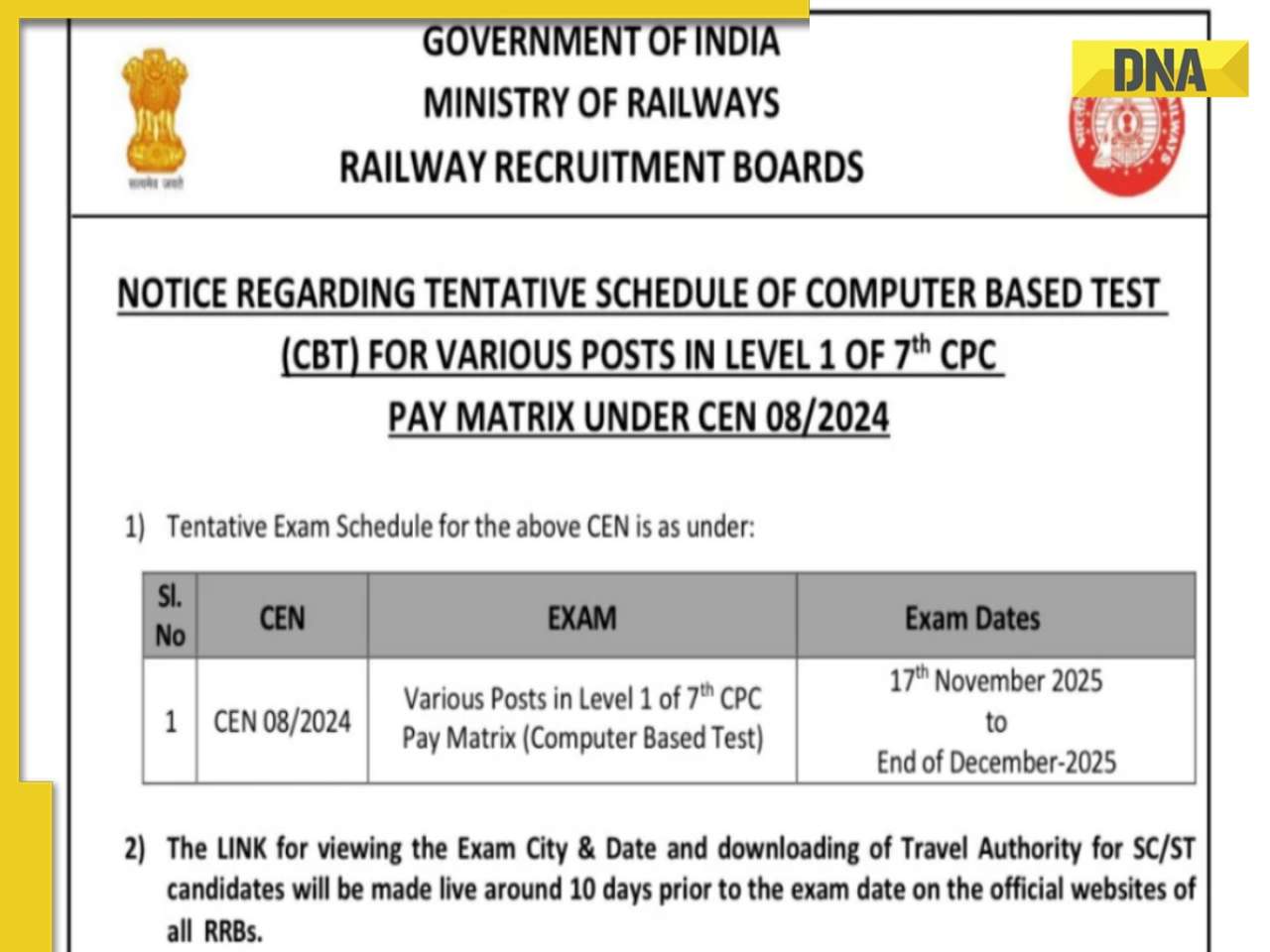 Railway RRB Group D exam CEN 08/2024 schedule out; CBT city slip, admit card expected soon at ...